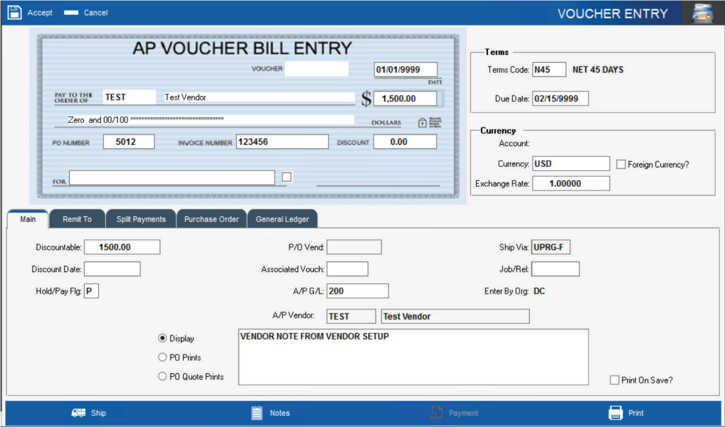Enter Vouchers or Bills