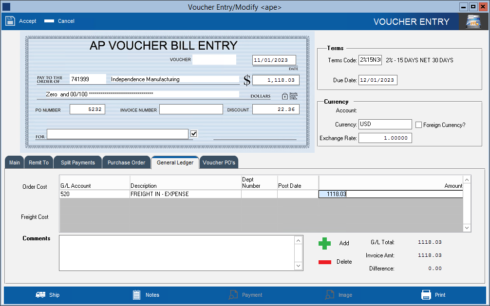 Adding Freight During Voucher Entry