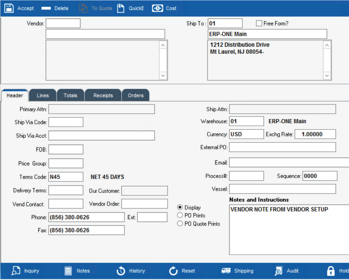 Manually Create a Purchase Order or Vendor Return