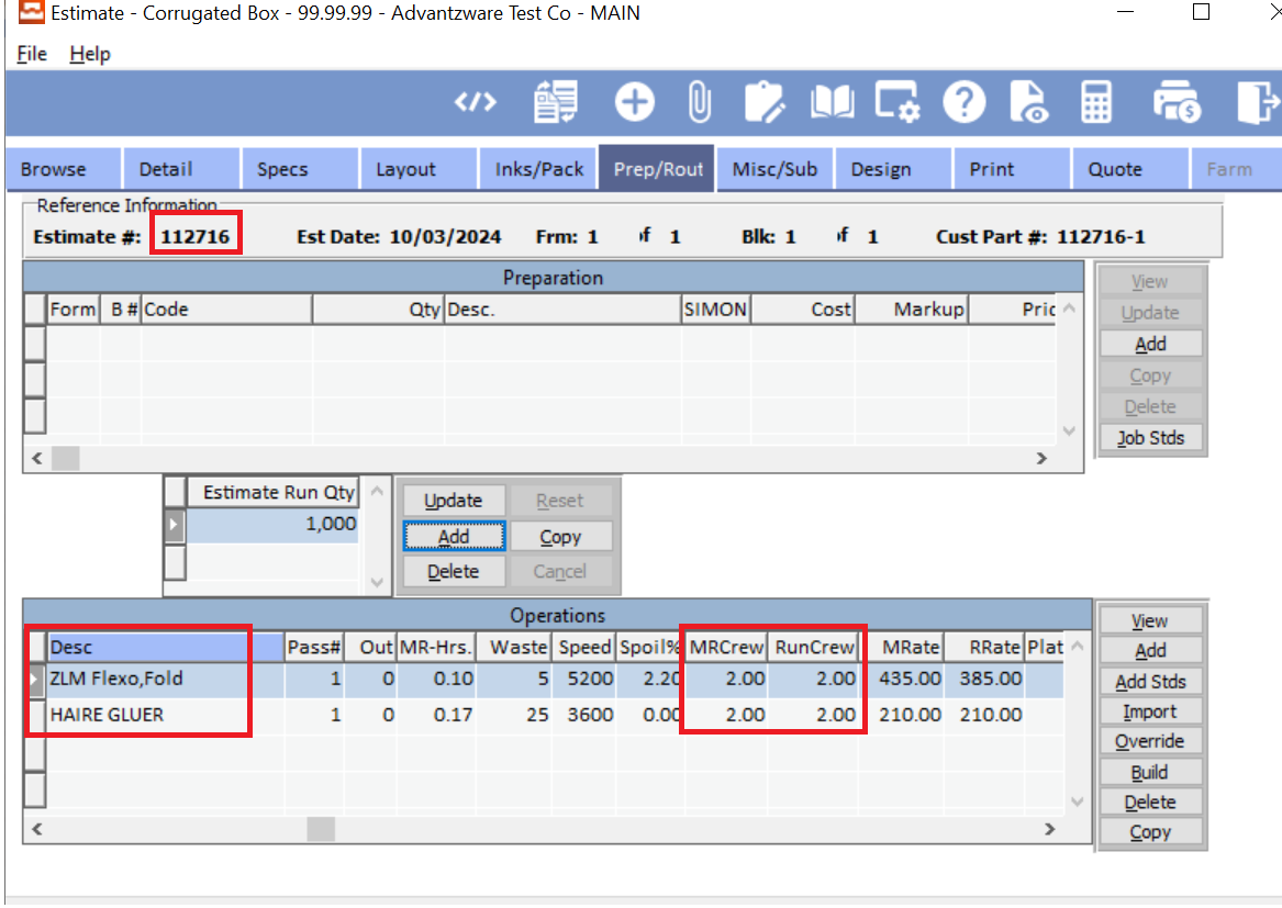 How is the MRRate and RRate calculated on the Estimate's Prep/Route tab?